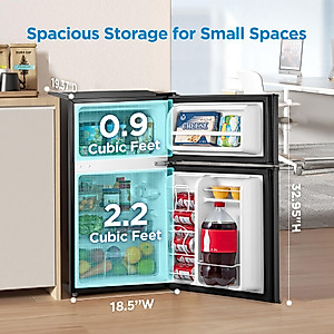 Midea WHD-113FB1 Double Door Mini Fridge with Freezer for Bedroom Office or Dorm with Adjustable Remove Glass Shelves Compact Refrigerator, 3.1 cu ft, Black