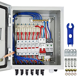 PV Combiner Box, 4 String Solar Combiner Box with Circuit Breaker LED, 15A Rated Current Fuse with Lightning Arrester and 63A DC Breaker Waterproof Solar Connector for On/Off Grid Solar Panel System