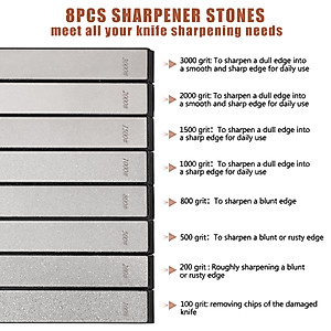 RUIXIN PRO 8 Pcs Diamond Knife Sharpening Stones for RUIXIN PRO RX-008 RX-009 Knife Sharpener Fixed-Angle Kit, Professional Whetstone Set With Base: 100/200/500/800/1000/1500/2000/3000 Grit