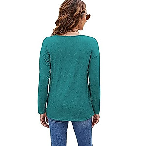 Sherosa Womens V Neck T Shirts Long Sleeve Cotton Cute Soft V Neck Tee Blue Green L