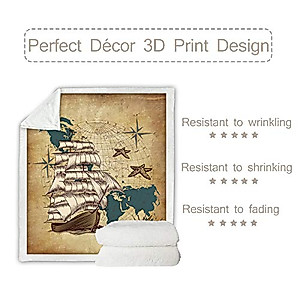 Sleepwish Nautical Blanket Sherpa Blanket Fuzzy Soft Bed Blanket Antique Map Blanket Old Sailing Ship Blanket Maine Fleece Blanket,Throw (50" X 60")