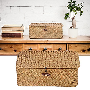 Jiawu Seagrass Baskets, Handwoven Seagrass Storage Bins with Lid, Multipurpose Rectangular Shelf Baskets, Household Boxes with Buckle, Small Rustic Container for Shelves Organizing (L)