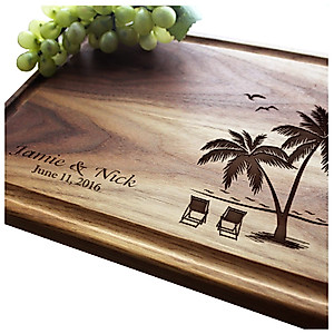 Straga Personalized Cutting Boards | Handmade Wood Engraved Charcuterie | Custom Wedding, Anniversary, Birthday Gift for Couples, Beach Lovers (Tropical Beach Design No.409)