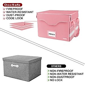DocSafe File Box Fireproof Document Box with Lock,File Storage Organizer Box with Insert Pockets,Collapsible Portable File Box Home Office File Cabinet with Handle for Hanging Letter/Legal Folder,Pink