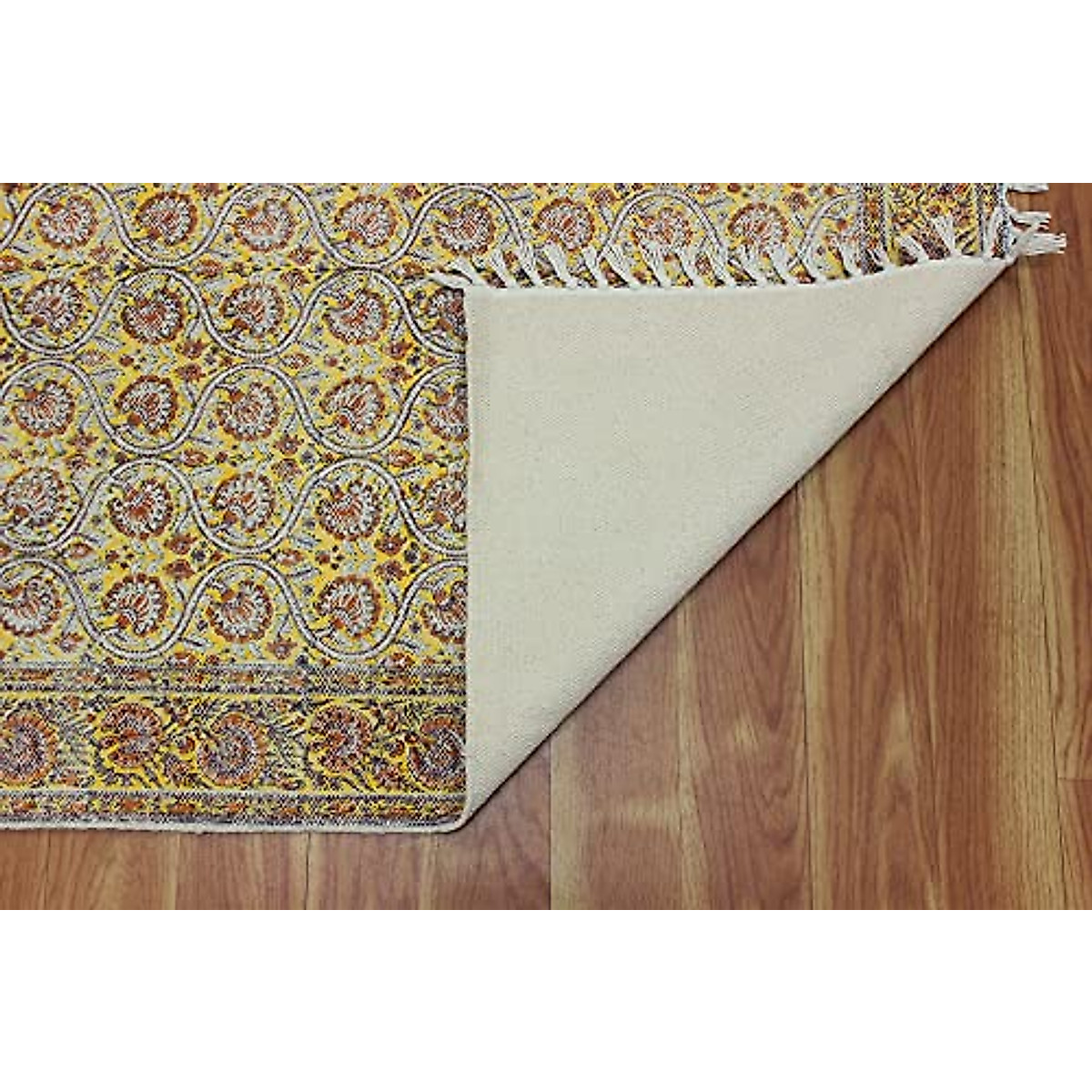 Casavani Hand Block Printed Cotton Dhurrie Floral Tassel Rug Boho Area Rug Easy Care Washable Rugs for Doormat Entryway Living Room Bedroom Hallway Balcony 12x12 Feet Square