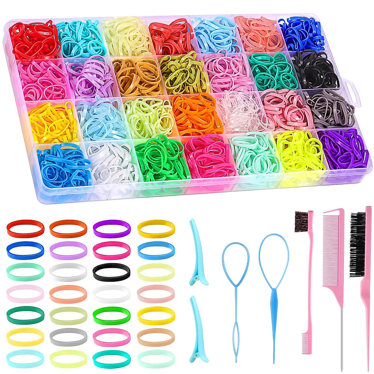 28 Colors Rubber Bands with 7 Hair Styling Tools, 2100 Pcs Colorful Elastic Ties Small Rubber Bands Baby Toddler Ties for Girls Hair Accessories Christmas Gifts