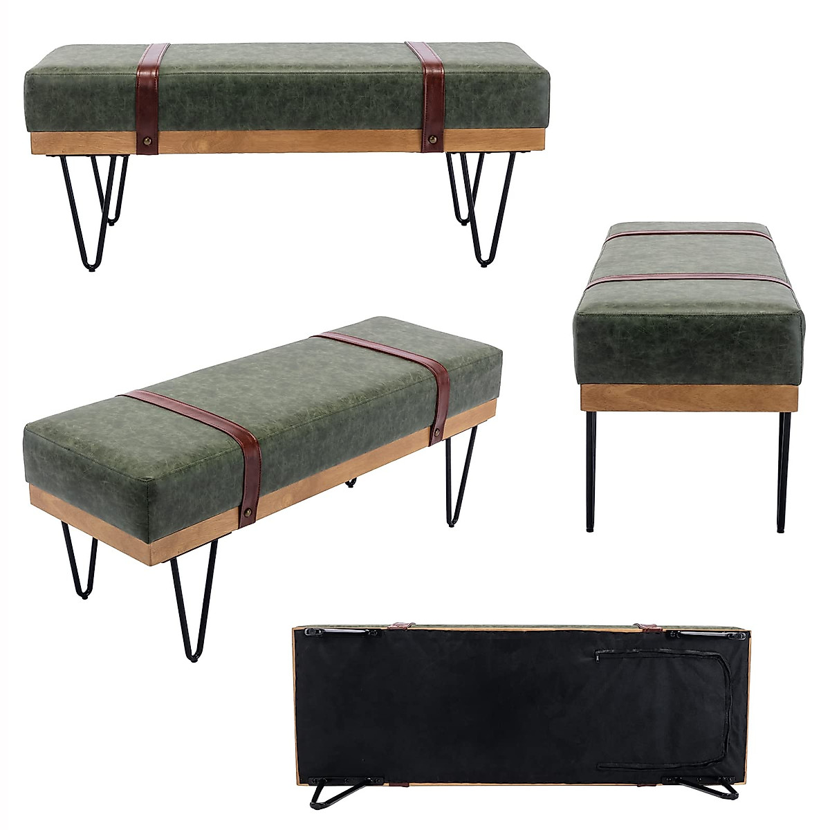 DUOMAY Industrial Modern PU Rectangle Ottoman Bench with PU Strap and Metal Legs, Mid Century Dining Table Bench Footstool Entryway Shoe Bench for Bedroom Dining Room Living Room, Green