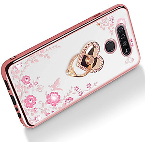 LG K51 Phone Case for Women, LG Q51 Case Glitter Crystal Butterfly Heart Floral Cute for Girls and Women Lovely Bow Love with Ring Stand Slim Soft TPU Protective Cover Case for LG K51/LG Q51-Rose Gold