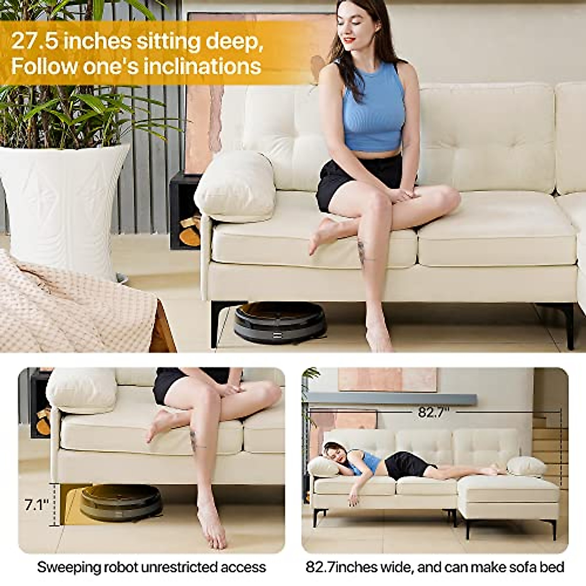 COOSLEEP Convertible Sectional Sofa Couch, 83" L-Shape Sofa Couch with Chaise Convertible,ChenilleFabric Upholstered for Living Room, Apartment, Office (Beige)