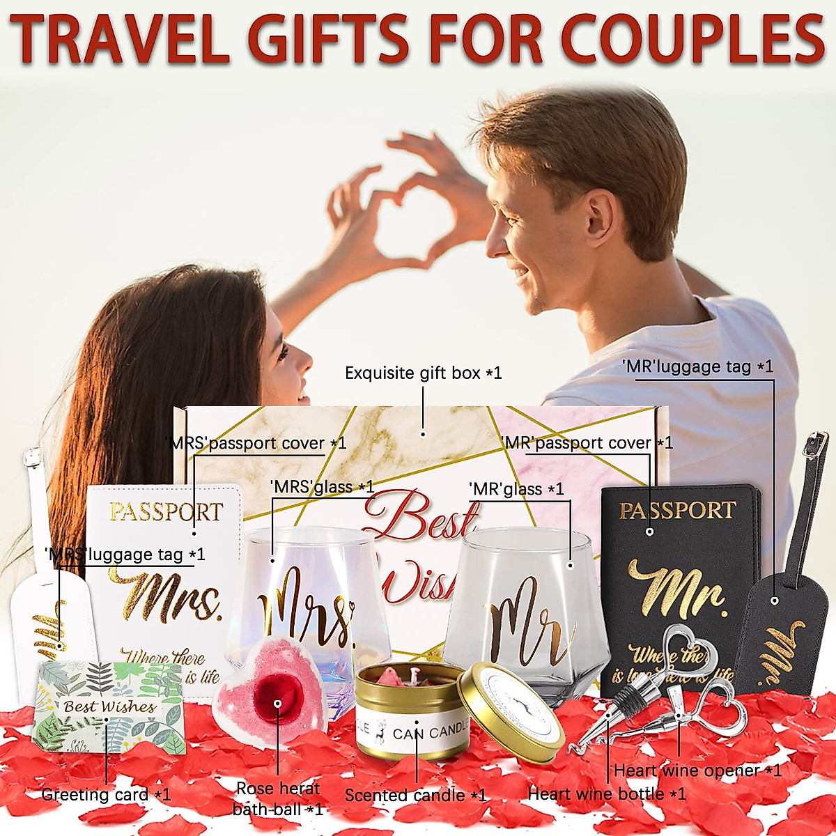 KOILLUXU Wine Glasses Gifts for Mr and Mrs, Wedding Gifts Bridal Shower Gifts, Engagement Gifts Box Basket for Couples-Wedding, Honeymoon Essentials Present for Husband and Wife Newlywed Marriage