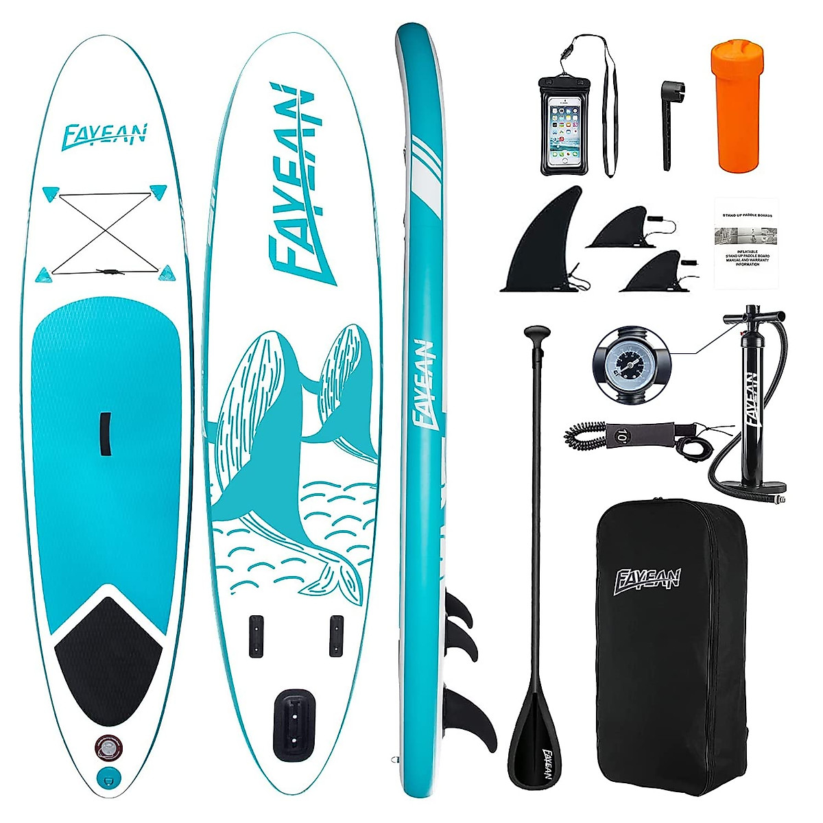 FAYEAN Inflatable Stand Up Paddle Board 10' x 28''x 6'' SUP ISUP Round Board Include Hand Pump, Paddle, Backpack, Coil Leash,Carry Bag, Repair Kit and Waterproof Case (Blue Whale)