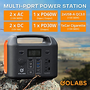 GOLABS R300 Portable Power Station, 299Wh LiFePO4 Battery Backup with 300W Pure Sine Wave AC Peak 500W, Car Outlets, PD 60W Quick in/out Solar Generator for Outdoor Camping Emergency CPAP Orange