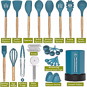 Kitchen Utensil Set Silicone Cooking Utensils -Fungun 35 pcs Kitchen Utensils Tools Wooden Handle Spoons Spatulas Set Cookware Turner Tongs Whisk Kitchen Gadgets with Holder
