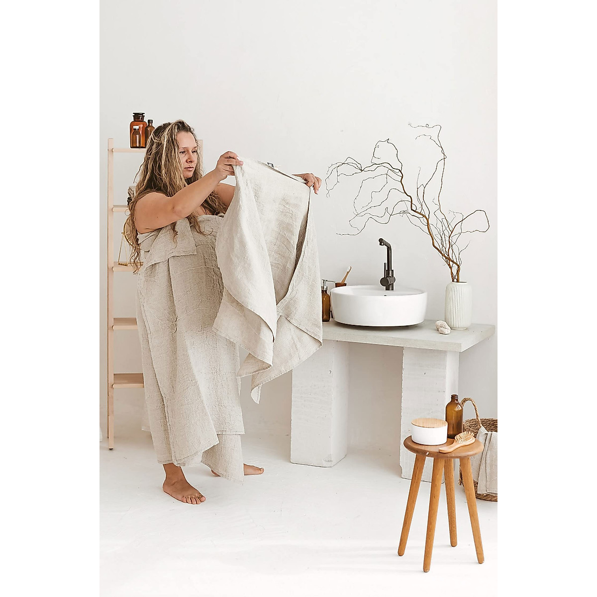 Pure 100% Linen Bath Towel - Stone-Washed 30 x 60 inch Soft Lightweight Travel Towel - Waffle Weave Quick Dry Hair Towel - Natural Flax Thin Towels for Bathroom Gym or Sauna - Sustainable Bath Sheet