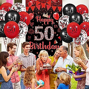 Red 50th Birthday Party Decorations for Women Men Red Black Balloons Banner Supplies Happy 50th Birthday Banner and 18pcs 50th Birthday Balloons Set for 50 Years Old Birthday Anniversary Party Decor