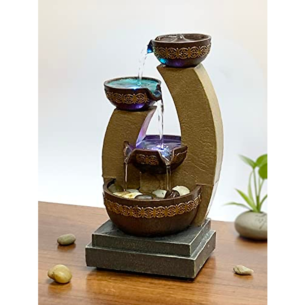 11" H Golden Tiered Bowl Fountain with Color Changing LED Lights with Adapter Brown