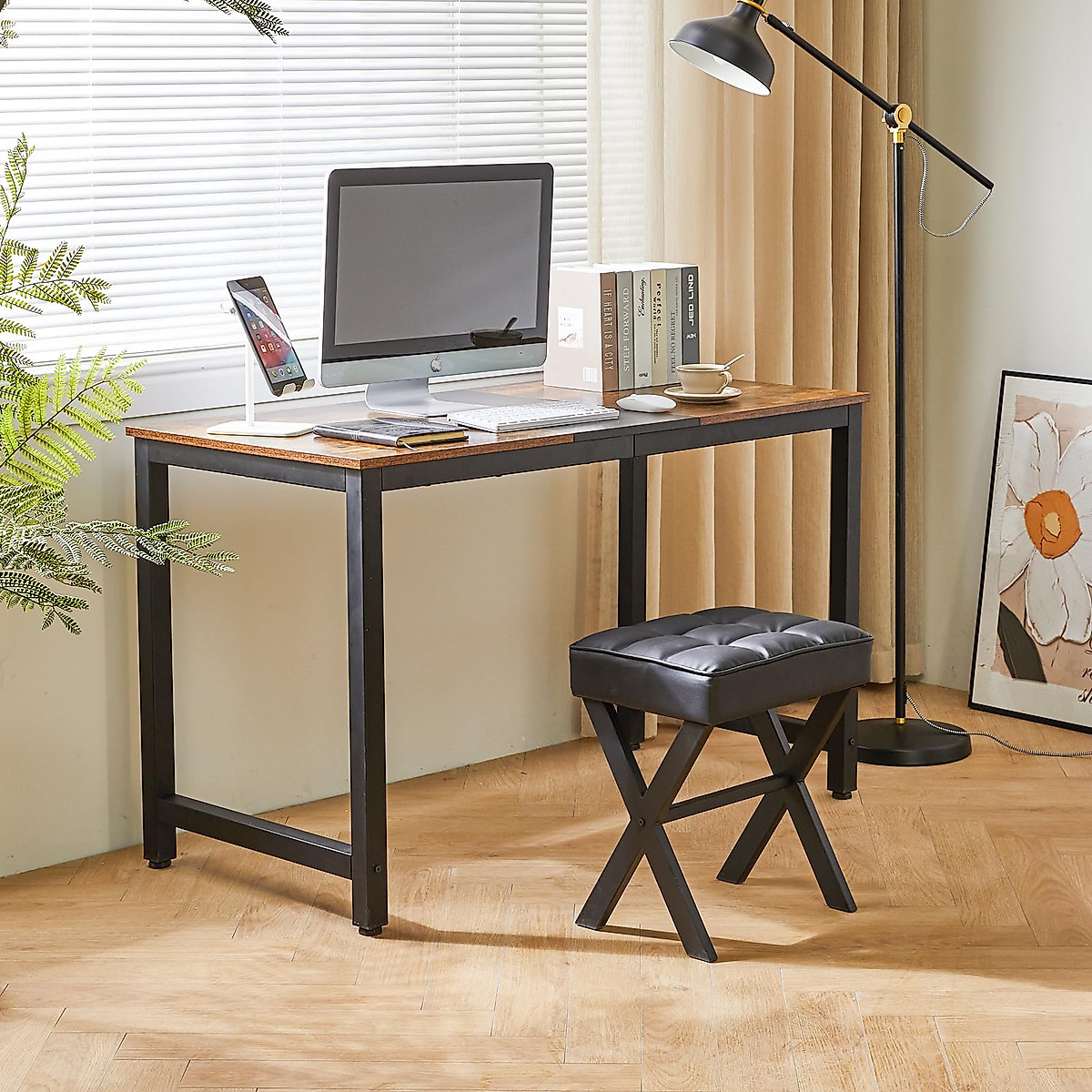 IBUYKE Square Makeup Stool with X-Leg Foot Rest, PU Footrest Stool, Ottoman Seat Vanity Stool, Multi-Use as Small Side Table, for Bedroom, Living Room, Black LG-71B