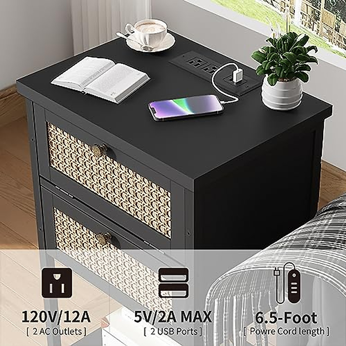 End Table with Charging Station, 2 Tier Rattan Decorated Nightstand with USB Ports and Outlets, Bedside Table with Drawer, Black Modern Sofa Side Table for Bedroom, Living Room, Office