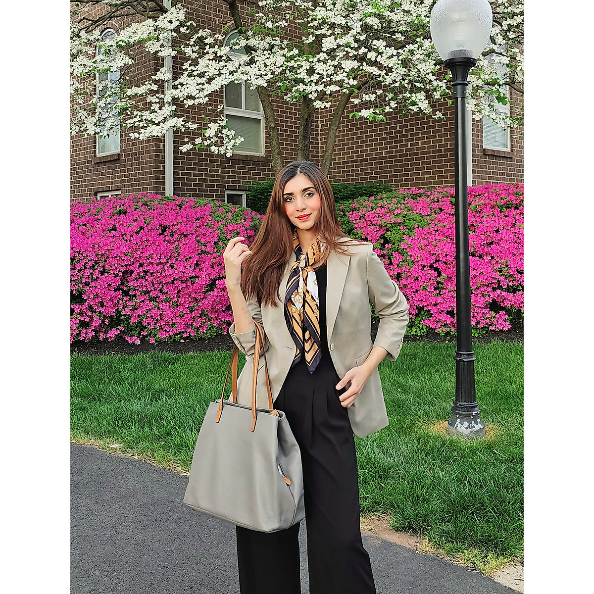 S-ZONE Leather Tote Bag for Women with Zipper Soft Genuine Leather Handbags Shoulder Bags Big Large Capacity Grey