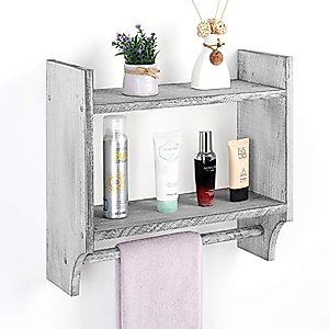 Wall Mounted Shelf with Towel Bar Rack, Rustic Towel Rack with Storage Shelf Farmhouse 2-Tier Hanging Torched Wood Shelf Organizer Floating Shelves Towel Holder for Kitchen, Bathroom, Greyish White