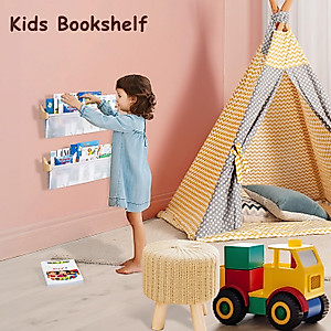 Volnamal Kids' Bookshelf Set of 2, Wall Mounted Floating Nursery Book Shelves, Bookshelf with Deep Pocket, Children's Bookcase Display for Nursery, Playroom or Kids Room