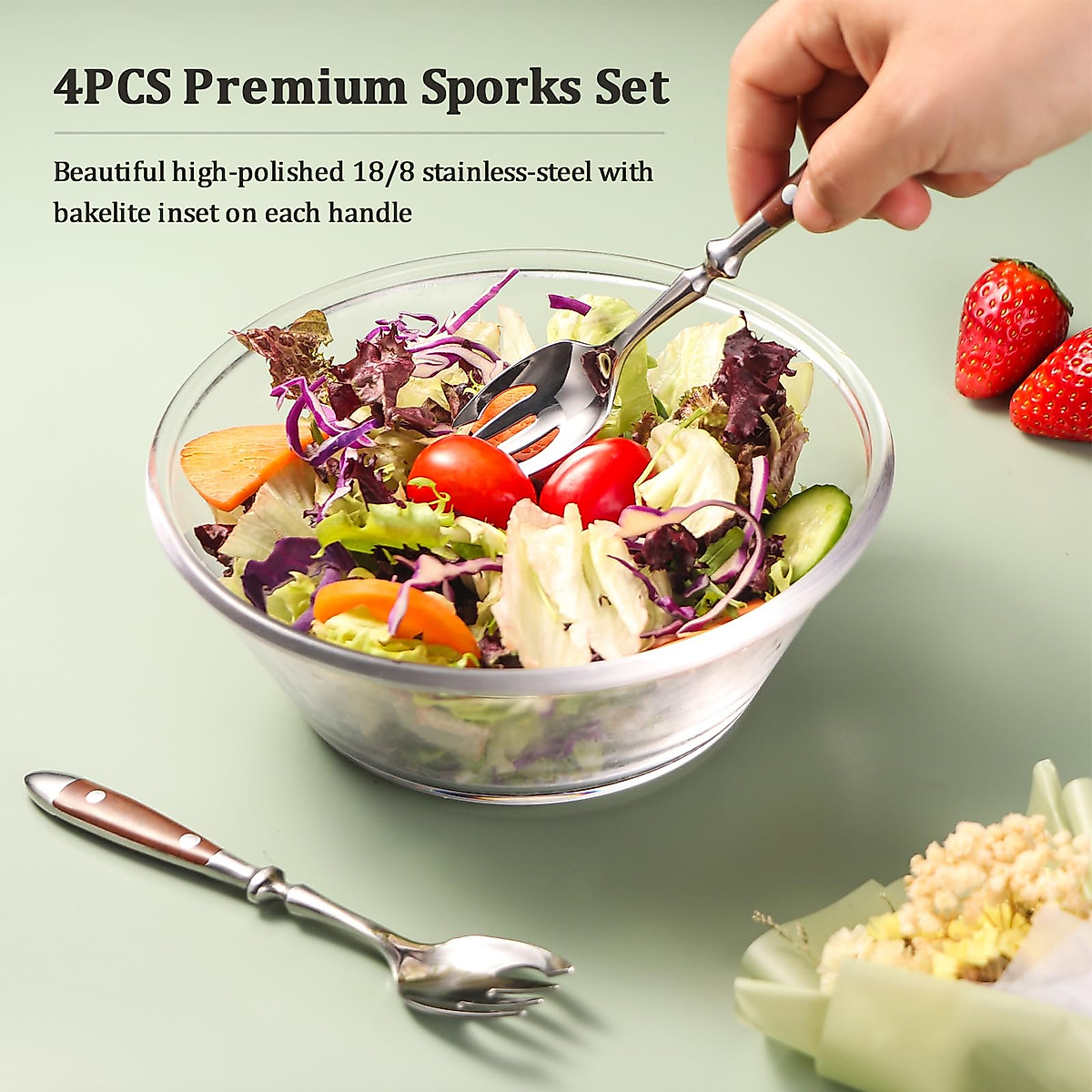 CherHome Metal Sporks Set of 4，Premium Stainless Steel 18/8 Salad Spoons with Comfortable Bakelite Handle，Salad Forks Spork for Salad，Fruit，Dessert，Appetizer，Wood Grain Handle