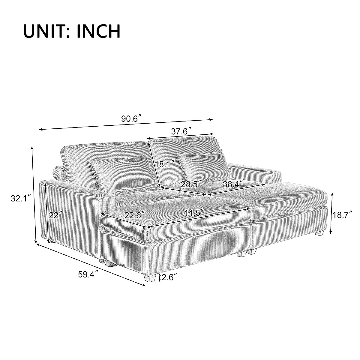 JIVOIT 90'' Square Arm Sofa with Two Detachable Ottomans, Velvet Fabric Sofa Set with Removable Back Cushions and 2 Pillows, Couch for Living Room, Office, Apartment (Grey * 037)