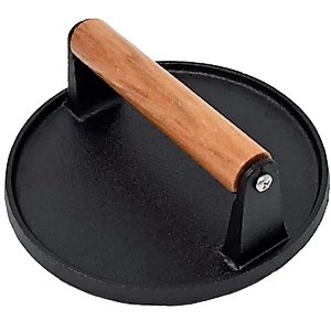 Kitchen Tools Heavy Duty Cast Iron Grill Press Burger Press Bacon Press Barbecue Press Meat Press Burger Smasher Griddle Press Round Flat Press with Anti Scalding Wooden Handle (5.7")