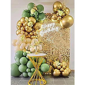 FOTIOMRG 130pcs Metallic Gold Balloon Garland Arch Kit with Fringe Backdrop, 18 12 10 5 inch Chrome Gold Latex Balloons Different Sizes Pack for Engagement Baby Shower Halloween Wedding Birthday Party Decorations