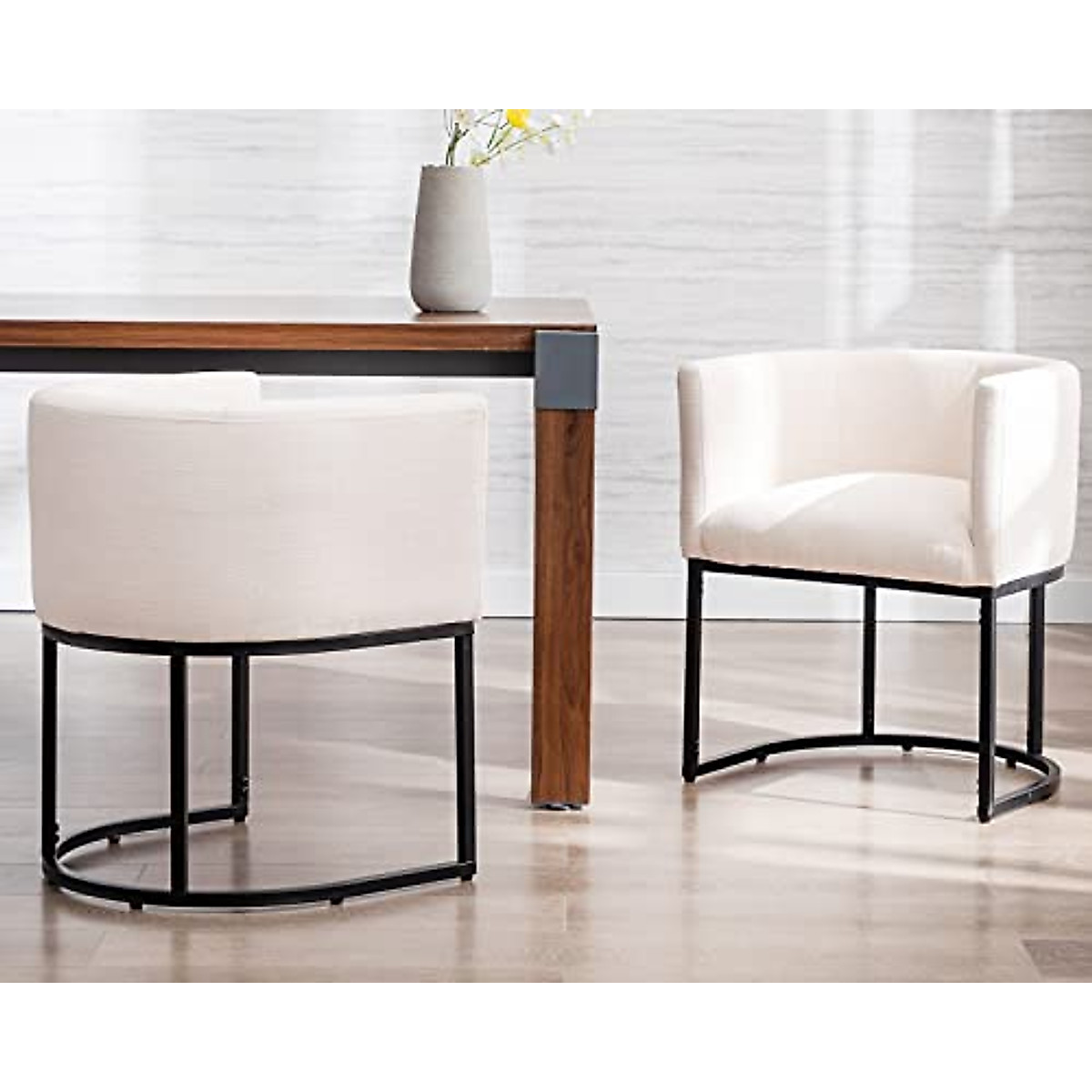 Mid Century Modern Upholstered Dining Chairs with Arms Set of 6, Contemporary Linen Kitchen & Dining Room Chairs, 18.5" Wide Accent Chairs for Dining Room Living Room with Black Metal Frame, Cream