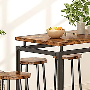 LinkRomat Dining Room Table Set, Bar Set for 4, Kitchen with 4 Round Stools, 5 Piece Height Pub Dinner Bistro and Chairs Small Spaces, Brown, Rustic Brown, 47.24 x 23.62 x 35.04''(Heighten)