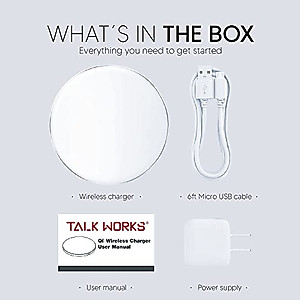 TALK WORKS 5W Wireless Charging Pad Compatible w/ iPhone 13/Pro/Pro Max, 14/Plus/Pro/Pro Max, 12, 11, XR, XS, X, 8, Samsung S22, S21, S20, S10, S9, S8 - Qi Certified Fast Charger w/USB Adapter (White)