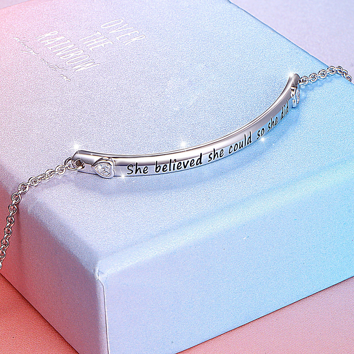 DAOCHONG Sterling Silver Engraved Inspirational Adjustable Bracelet “She Believed She Could So She Did” Gift for Her, Women, Friendship