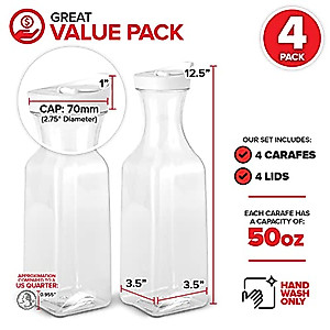 Stock Your Home 50 oz Square Carafes Plastic Juice Carafe with Lids (Set of 4) 50 oz Carafes for Mimosa Bar, Drink Pitcher with Lid, Water Bottle, Milk Container, Clear Beverage Containers for Fridge