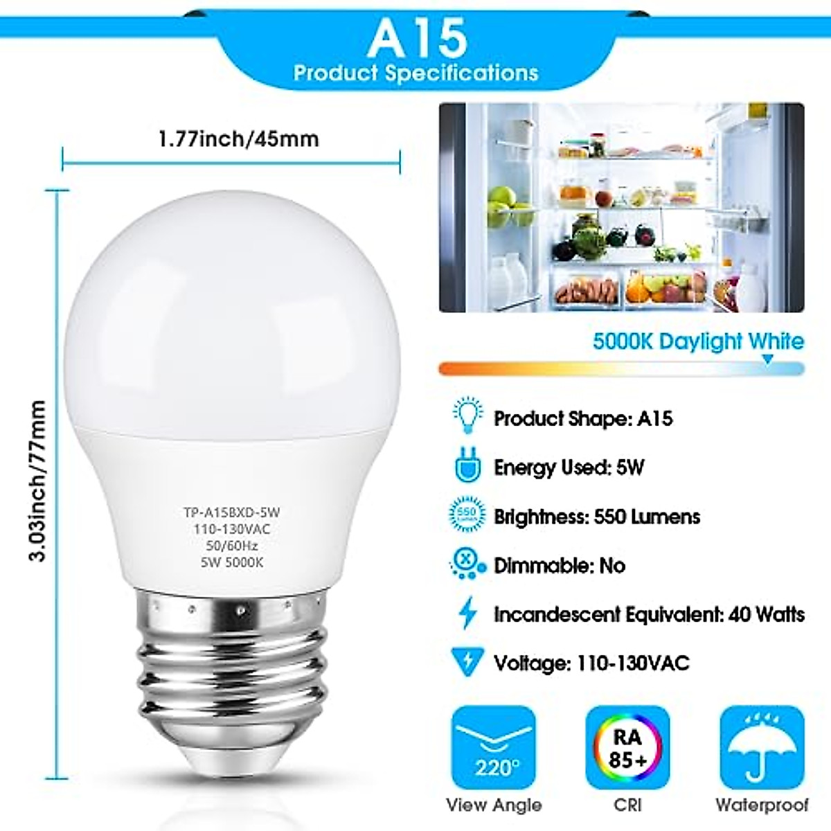 Maylaywood LED Refrigerator Light Bulbs, 40 Watt Equivalent A15 Fridge Bulb Waterproof, Daylight White 5000K, 550LM, E26 Base, Non-Dimmable, 5W LED Appliance Bulb for Frigidaire Home Lighting, 2-Pack
