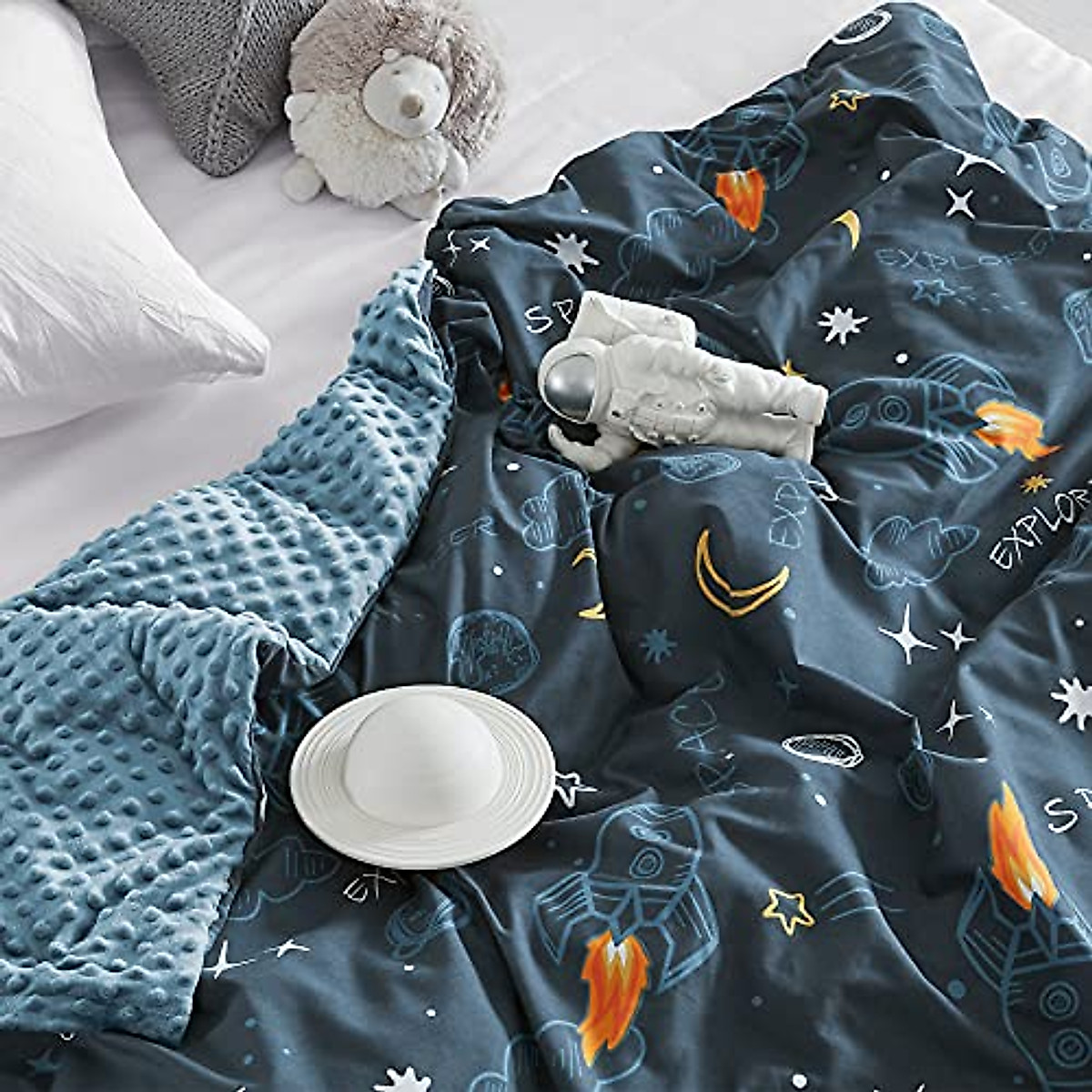 SLEEP ZONE Cooling Weighted Blanket for Throw Size (41"x60", 7 lb) with Removable Minky Cover and Premium Glass Beads, Space Rocket Pattern