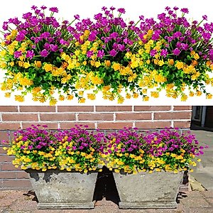 Triarrhena 9Pcs Artificial Flowers Outdoor UV Resistant Fake Plants,Faux Shrubs Plastic Arrangement for Hanging Planter Home,Wedding Porch ,Window,Farmhouse,Garden Décor (Fuchsia or Magenta, Yellow)