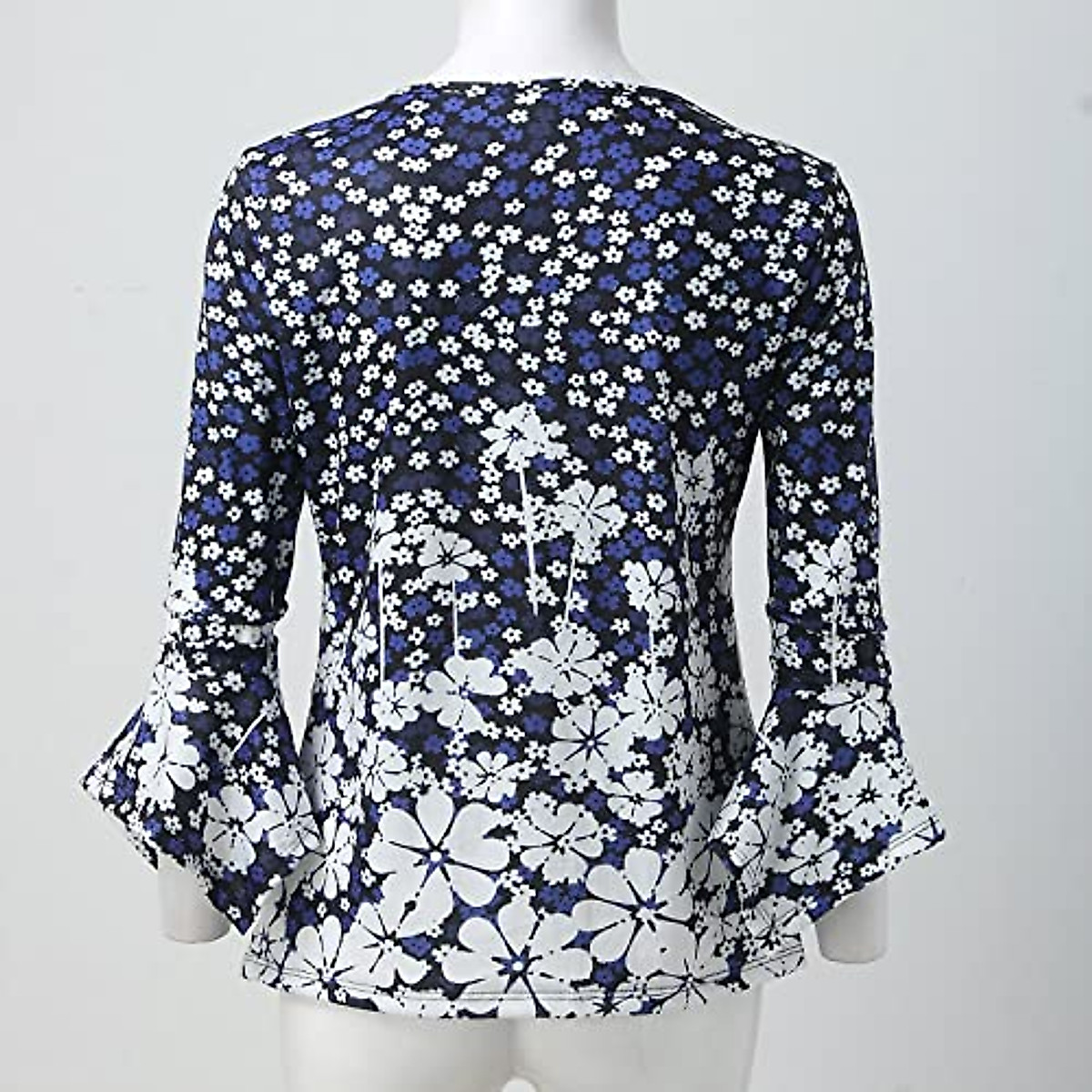 Tshirts Shirts for Women 3/4 Bell Sleeve Button Down Henley Tops Flowy Pleated Casual V Neck Ditsy Floral Blouse