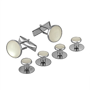 ButtonMode Tuxedo Shirt Studs and Cufflinks, White with Silver Color Trim, 6 Piece Complete Set (4 Studs for Front, 2 Cufflinks for Sleeves) with 2 Backup Cufflinks, Stainless Steel and Enamel, 1-Set