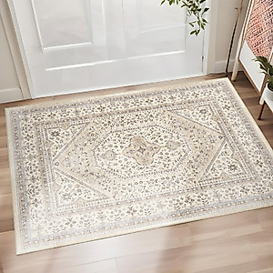 Puino Washable Entryway 2x3 Rug: Small Boho Rugs for Indoor Entrance Non Slip Backing Stain Resistant Carpet Low Pile Throw Rugs for Bedroom Bedside Inside Front Door Floor Kitchen Decor(Beige,2x3FT)