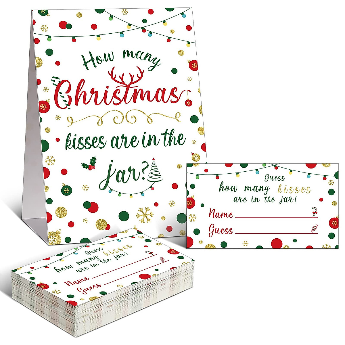 Christmas Party Game How Many Kisses Bridal Shower Game Wedding Shower Decorations Including 1 Standing Sign and 50 Guess How Many Cards for Christmas Party Bridal Shower Wedding Festive Holiday
