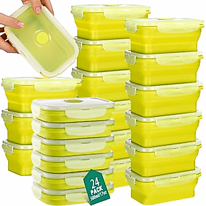Hushee 24 Pcs Silicone Collapsible Food Storage Containers 17 oz Collapsible Snack Containers with Lid Vent Airtight Meal Prep Bento Lunch Box, Microwave Dishwasher Safe(Green)