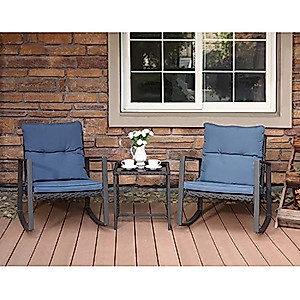 COSIEST 3 Piece Bistro Set Patio Rocking Chairs Outdoor Porch Furniture w Blue Cushions,Water Resistant,Glass-Top Coffee Table for Garden, Pool, Backyard
