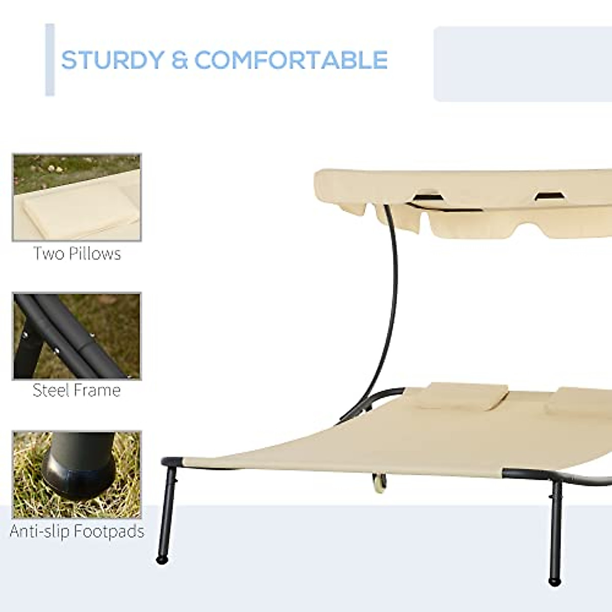 Outsunny Patio Double Chaise Lounge Chair, Outdoor Wheeled Hammock Daybed with Adjustable Canopy and Pillow for Sun Room, Garden, or Poolside, Beige