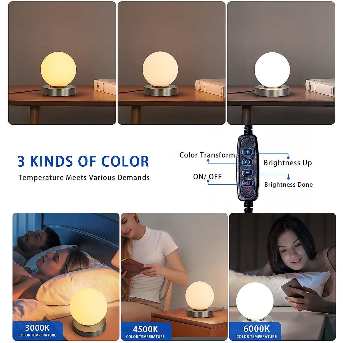 Small Table Lamp, LED Table Lamp with Eye-Caring Glass Lampshade Desk Lamp Dimmable 3 Color Changing, 10 Brightness Levels Reading Table Lamp Warm & White Nightstand Lamp with Memory Function