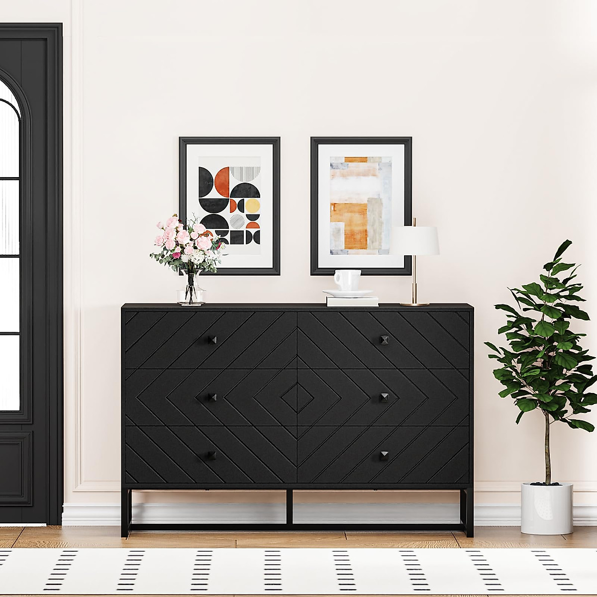 Vrullu Black Dresser for Bedroom with 6 Drawer, Wood Dressers & chests of Drawers with Black Knobs, Modern Storage Drawers for Entryway, Closet, Hallway (1, Dark Black)
