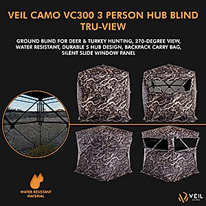 VEIL CAMO VC300 3-Person Hub Blind Tru-View – Ground Blind for Deer Hunting, 270-Degree View, Water Resistant, Durable 5-Hub Design, Backpack Carry Bag, Silent Slide Window Panels