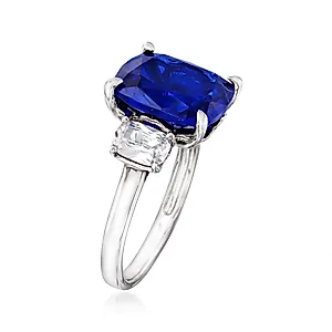 Ross-Simons 6.25 Carat Simulated Sapphire and 1.10 ct. t.w. CZ 3-Stone Ring in Sterling Silver. Size 6