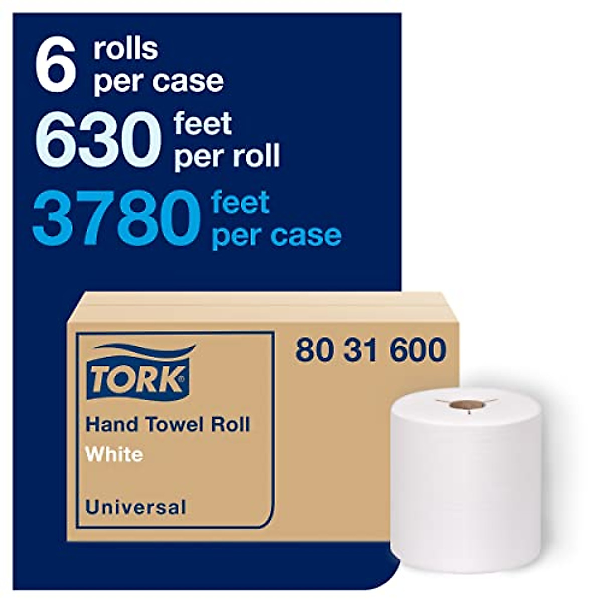 Tork Hand Towel Roll White H80, Universal, 100% Recycled Fiber, 6 Rolls x 630 ft, 8031600