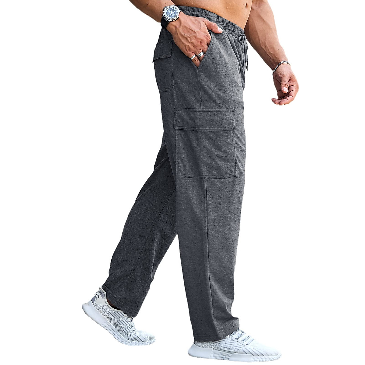CTU Mens Fashion Baggy Sweatpants Lightweight Workout Cargo Sweatpants Athletic Pants Open Bottom Joggers with Pockets Darkgrey